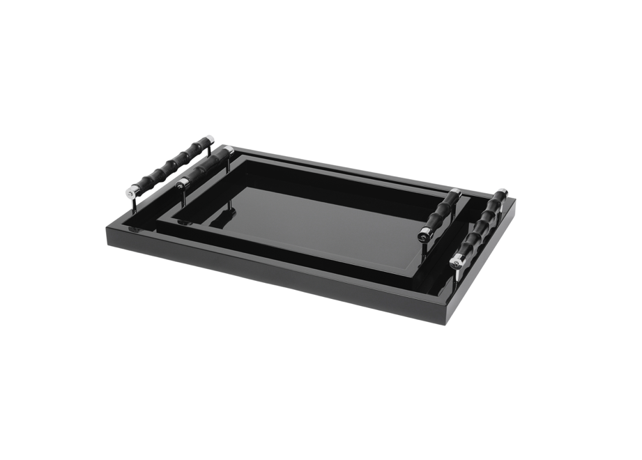 Iris Selections | Lacquered Tray with Leather Bamboo Chrome Handles Black