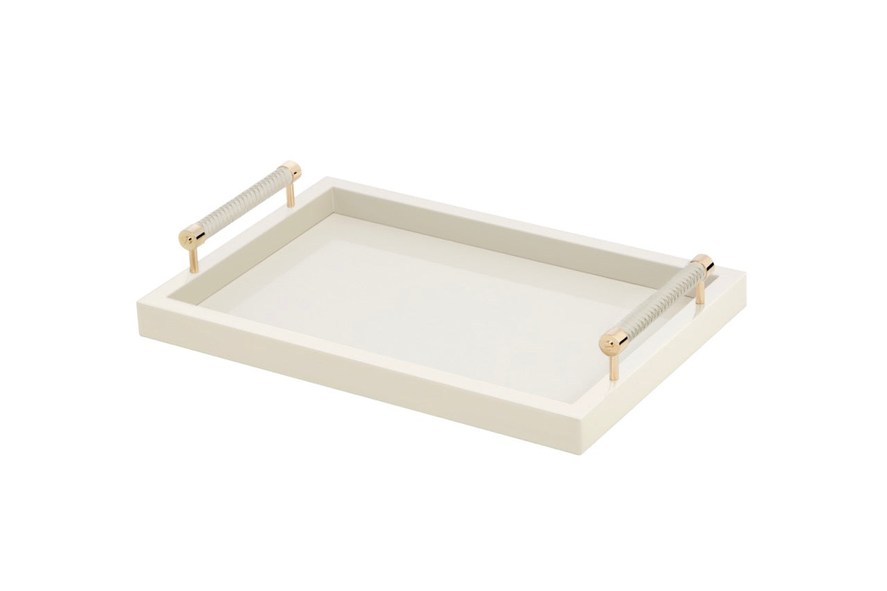 Iris Selections | Lacquered Tray with Leather Gold Handles White